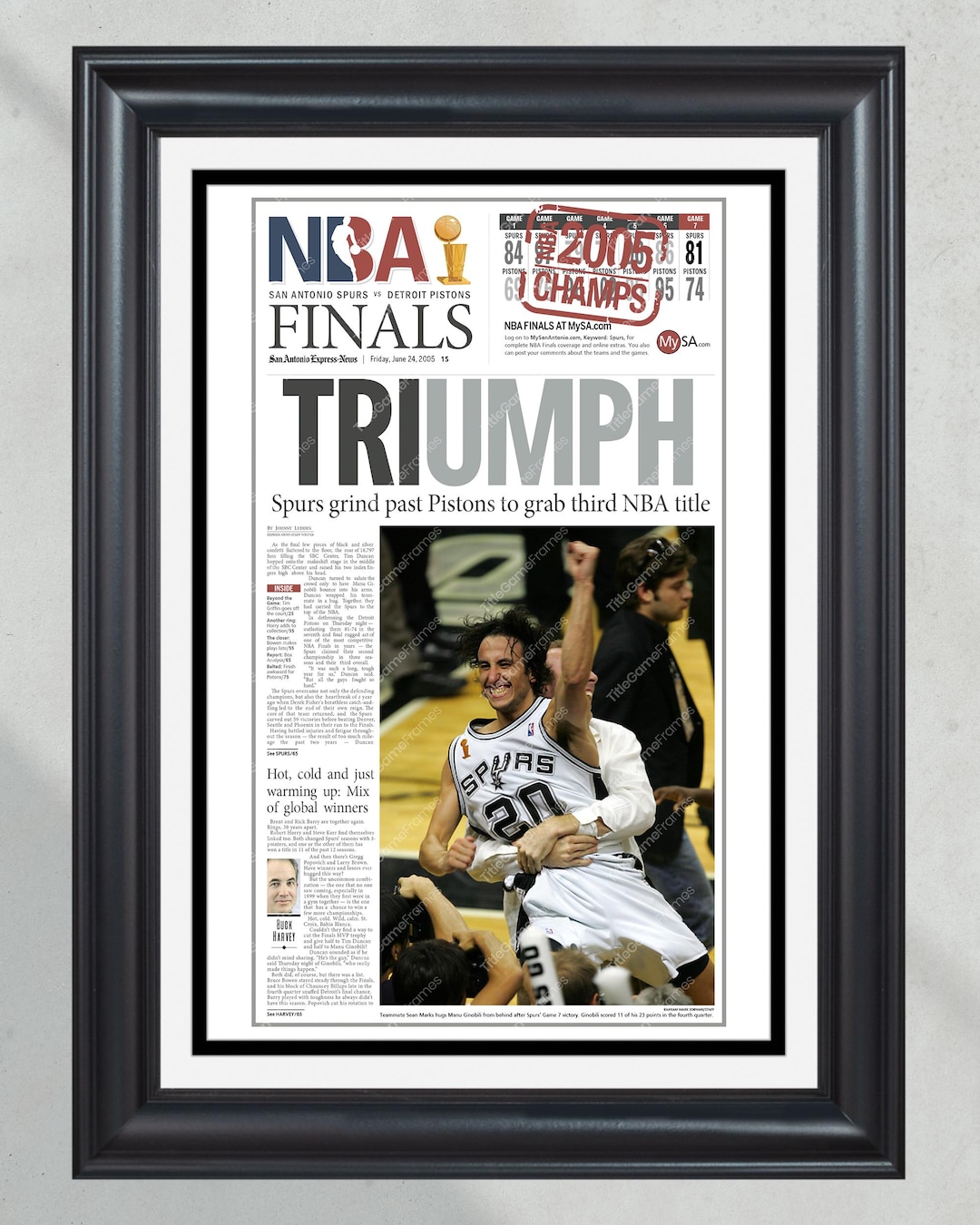 2005 San Antonio Spurs NBA Champions 'TRIUMPH' Framed Front Page ...