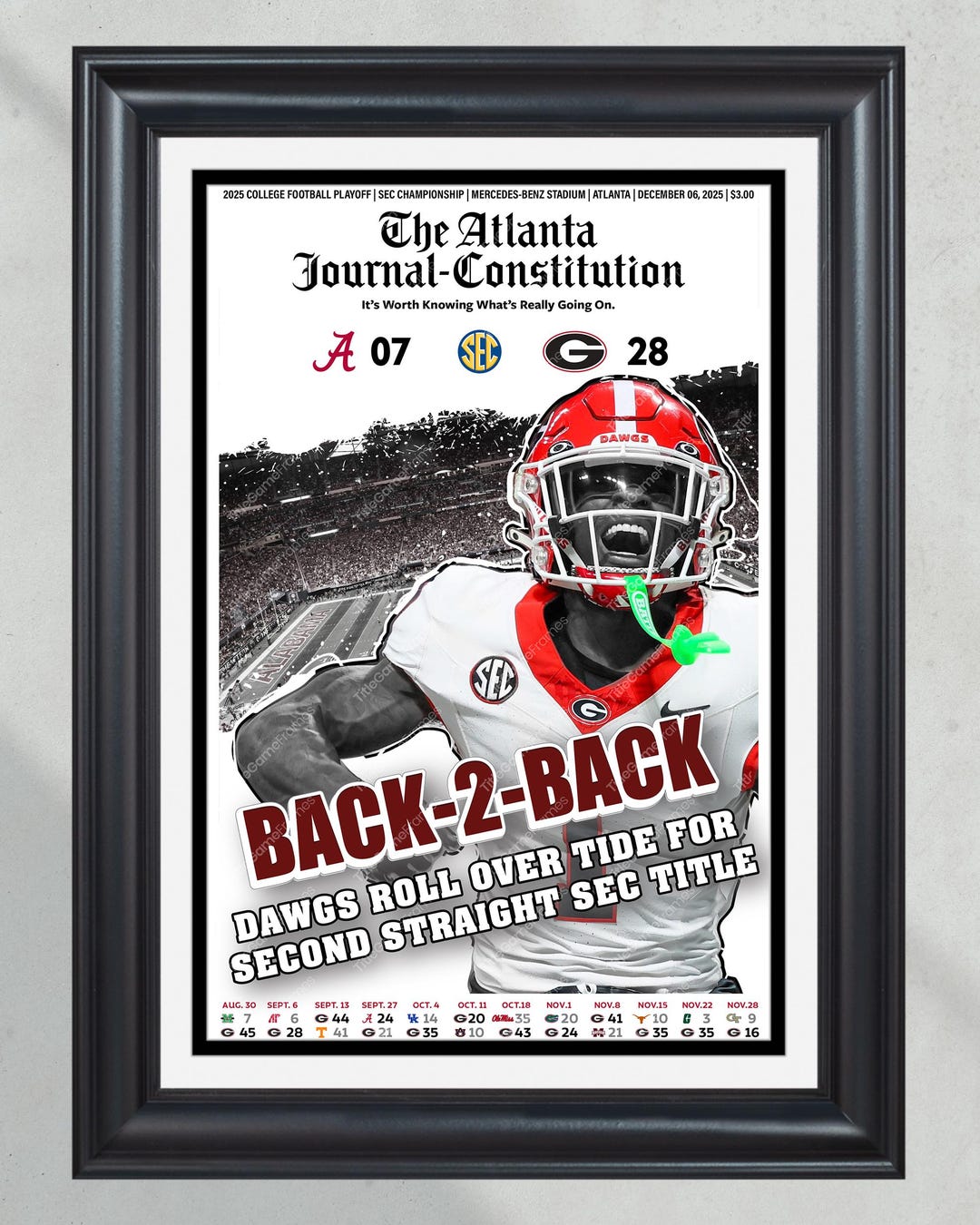 2025 Georgia Football "back-to-back" SEC Champions Over Alabama Framed ...