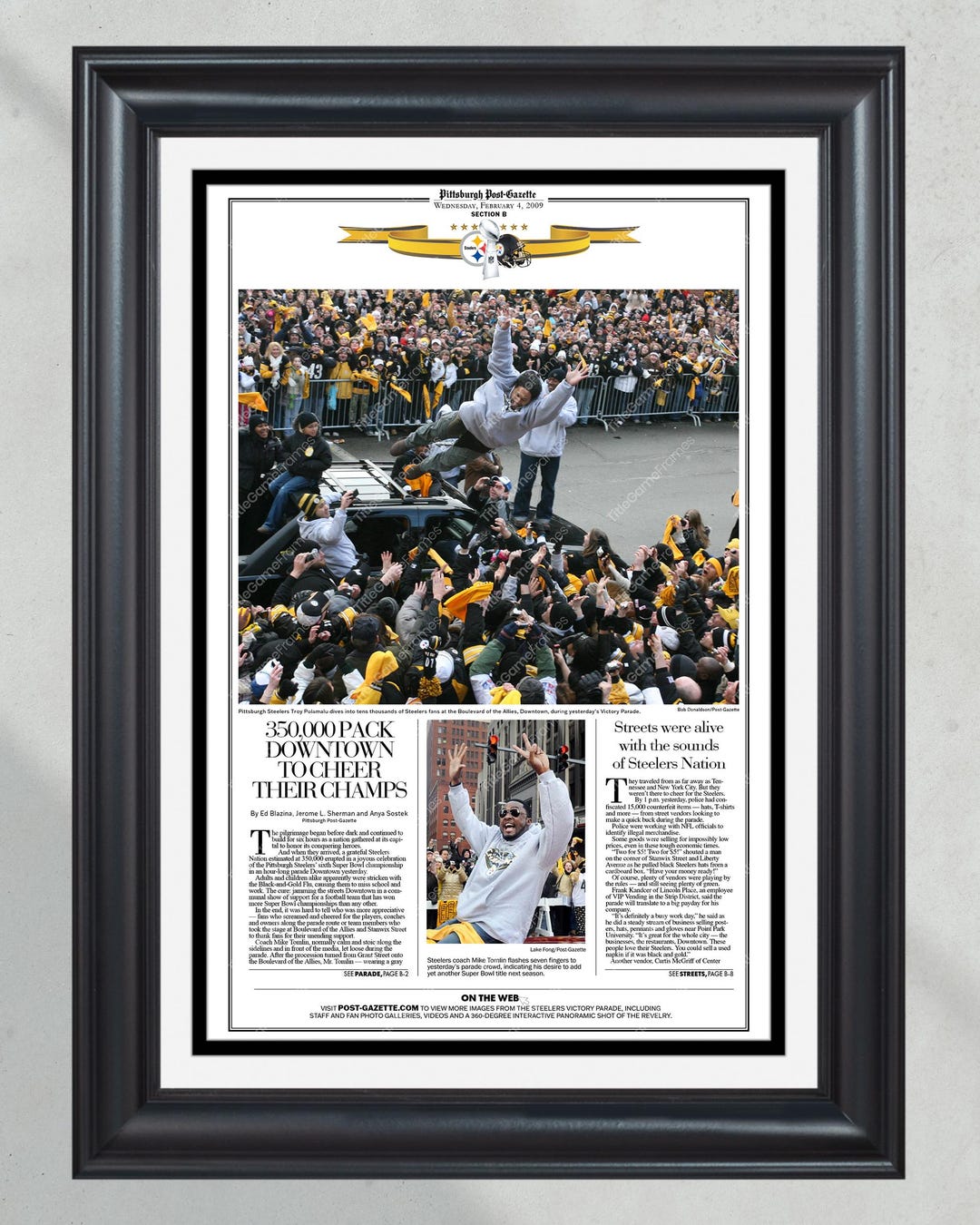 2009 Pittsburgh Steelers Parade Super Bowl Champions Framed Front Page ...