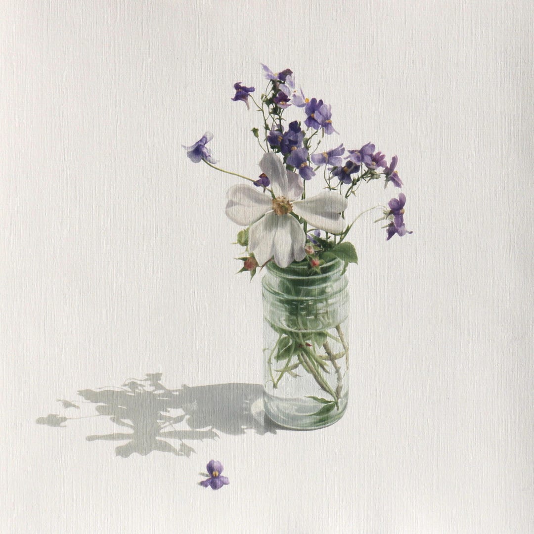 Rose, Nemesia and Viola Jam Jar Flowers, Original Oil Painting on Linen ...