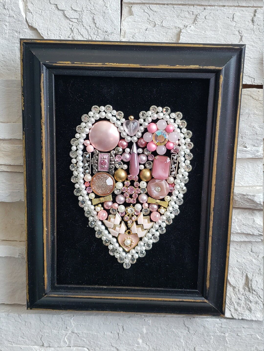 Vintage Jewelry, Collage, Rhinestones. Pearl, Pink Heart - Etsy