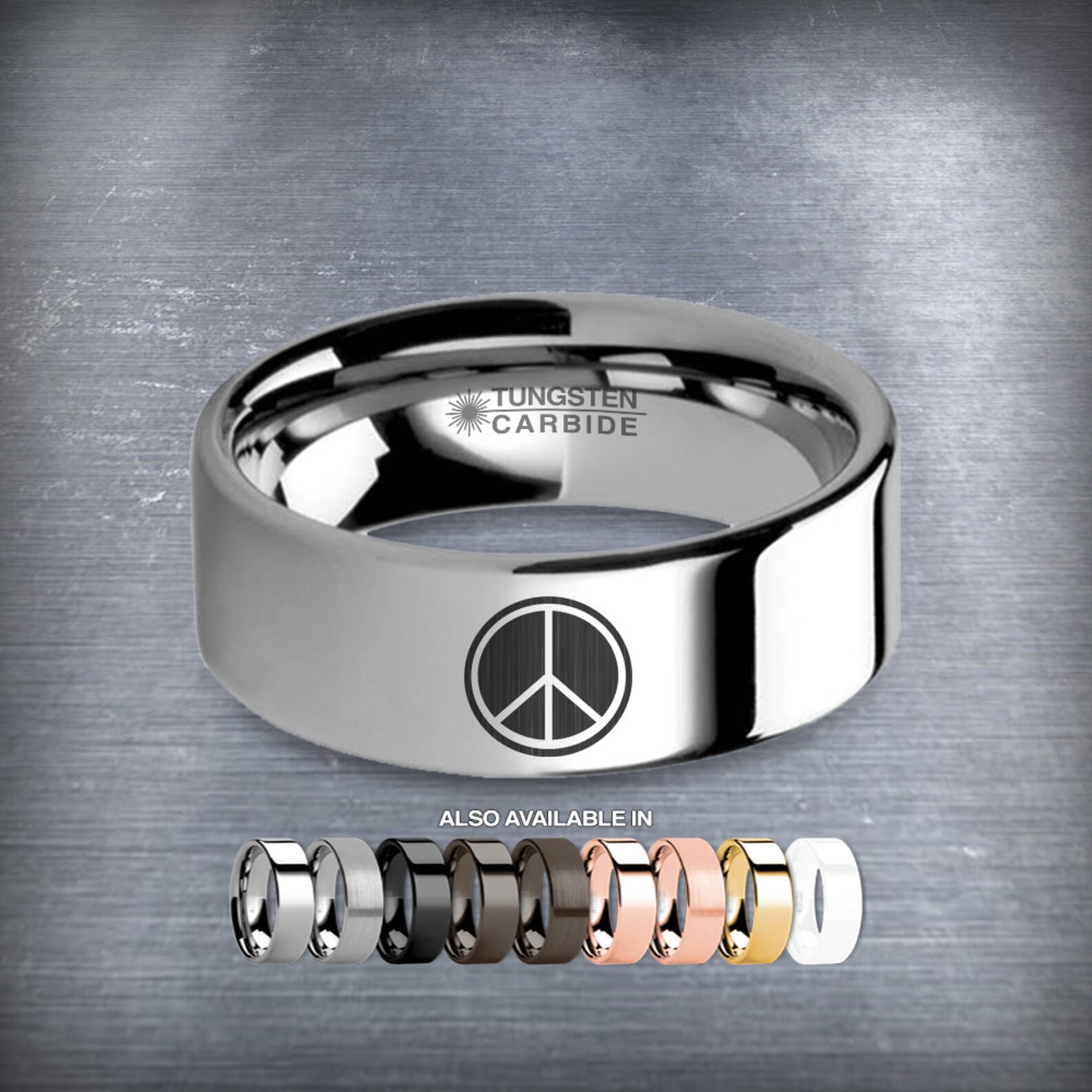 Peace Sign Laser Engraved Tungsten Carbide Wedding Ring - Etsy