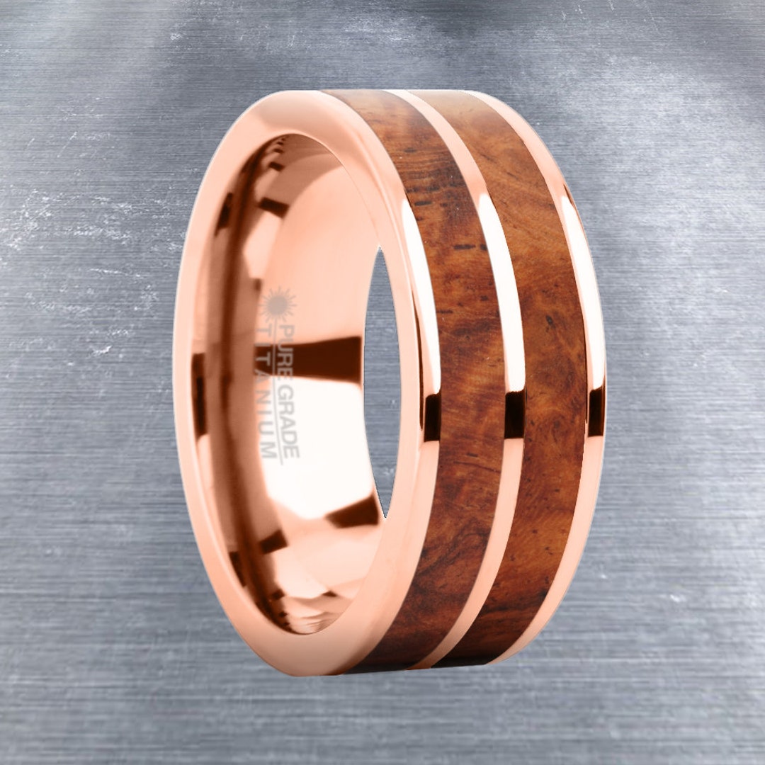 Elegant Rosewood Burl Wood Inlay Rose Gold Titanium Wedding Ring - Etsy