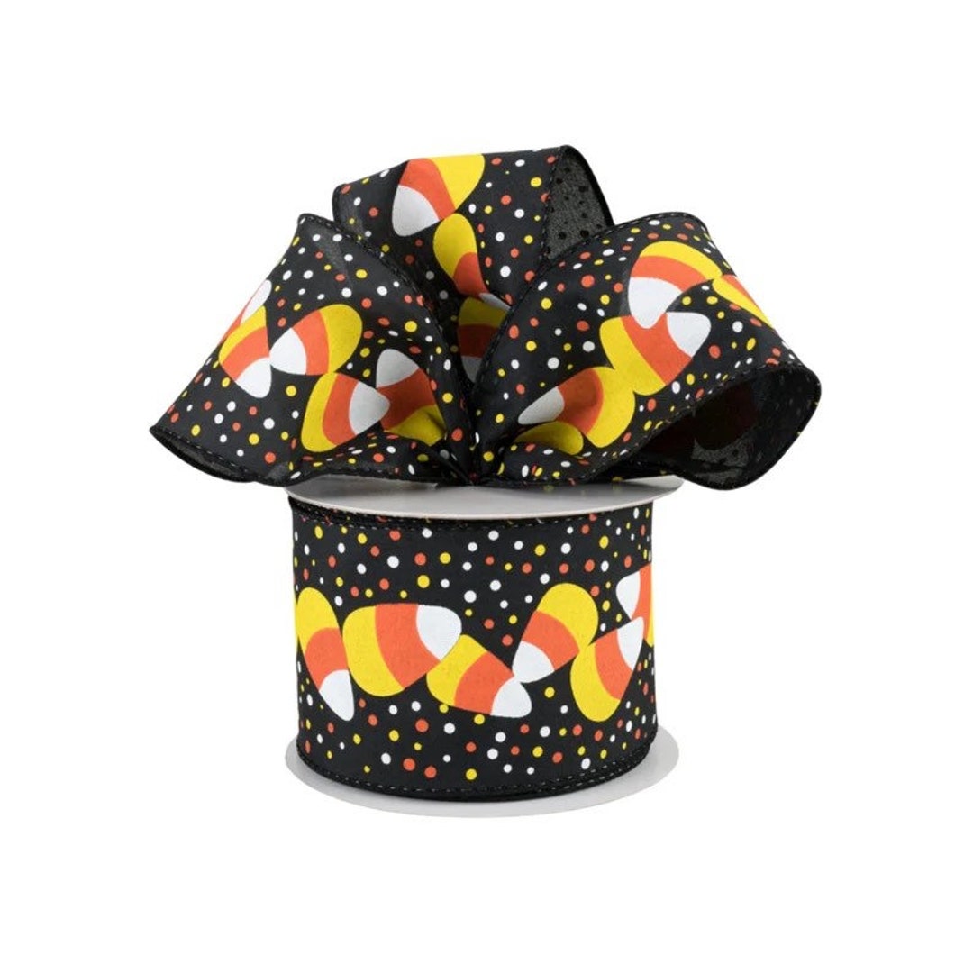 5 Yards Candy Corn Black Satin Wired Ribbon Halloween Wired Ribbon ...