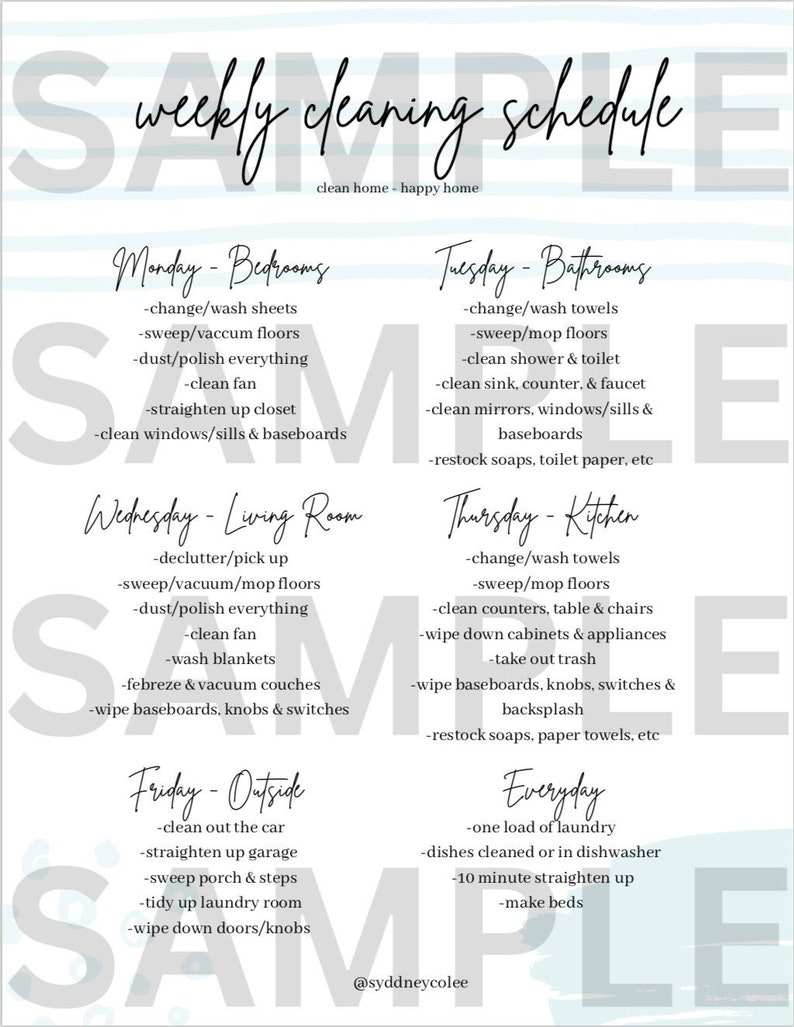 Printable Weekly Cleaning Schedule - Etsy