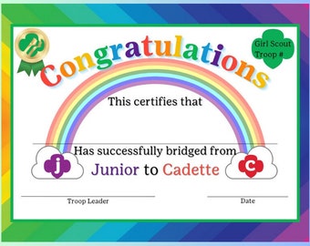 Girl Scout Bridging Certificate, Junior to Cadette Ceremony PDF Instant ...