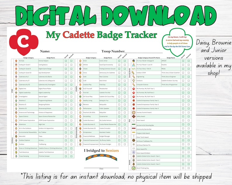 Girl Scout Cadette Badge Tracker - Printable Digital Download - Etsy