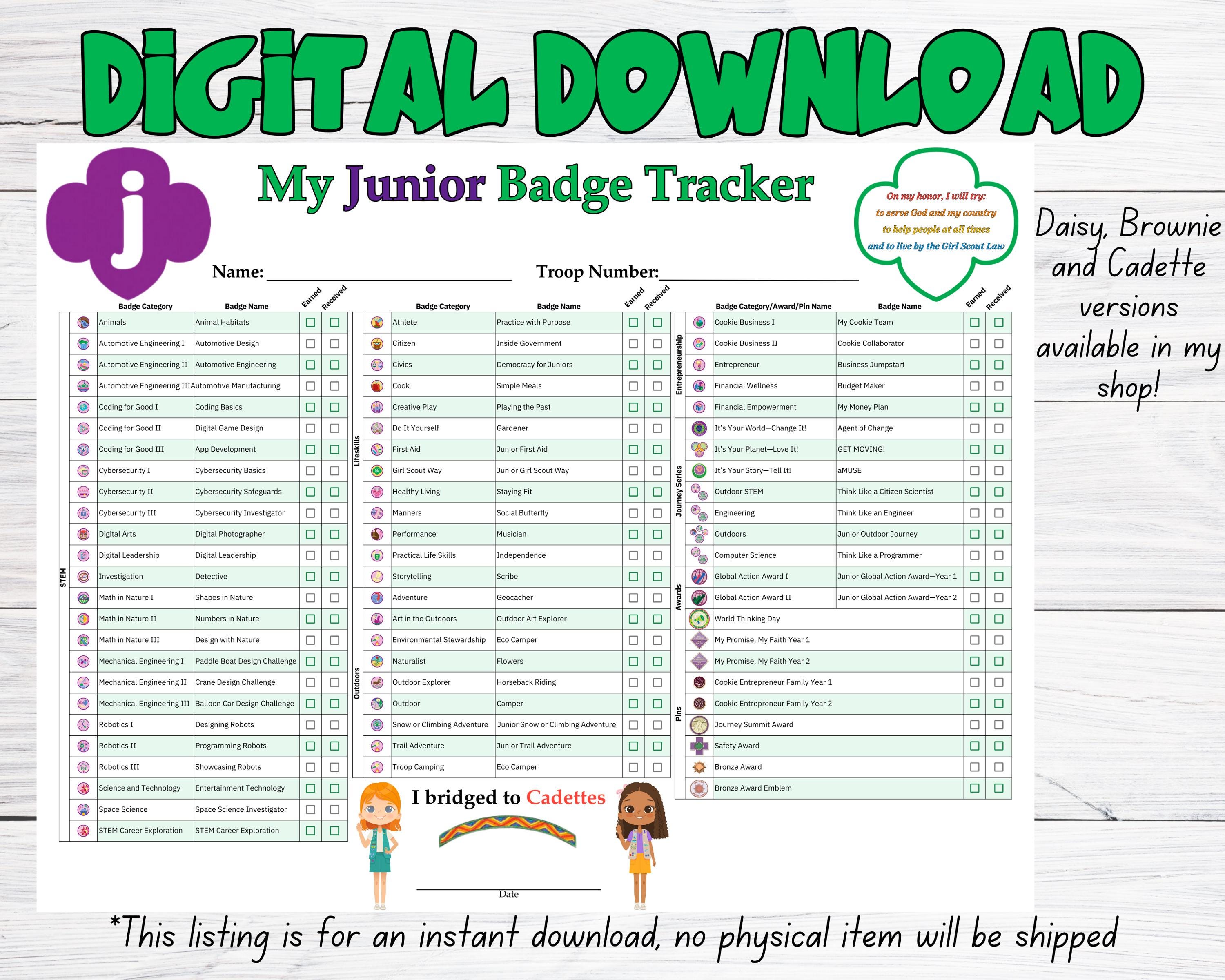 Girl Scout Junior Badge Tracker - Printable Digital Download - Etsy