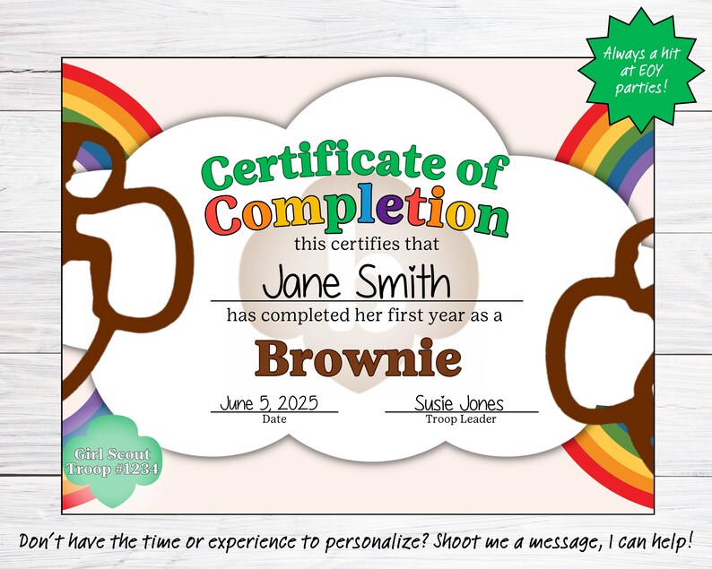 Girl Scout Certificate of Completion 1st Year of Brownies - Etsy