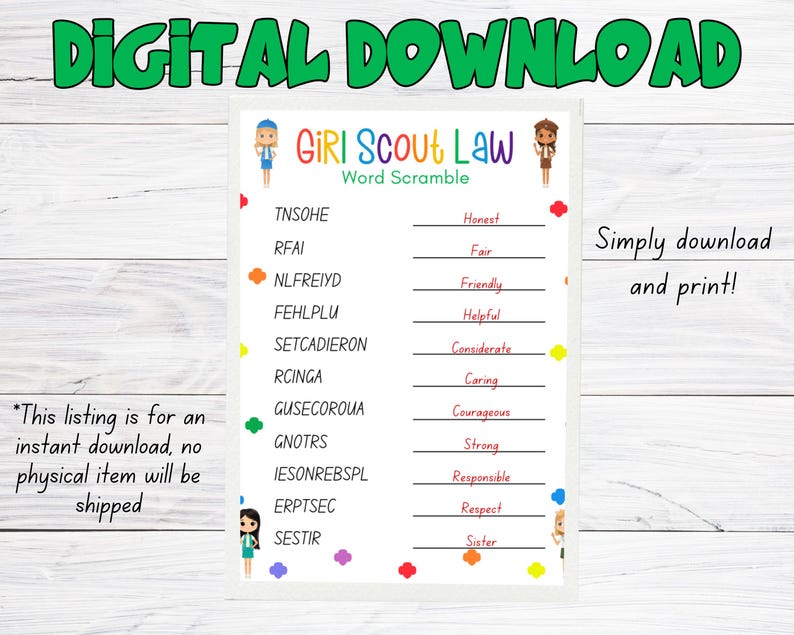 Girl Scout Law Word Scramble - Printable PDF - Etsy Australia