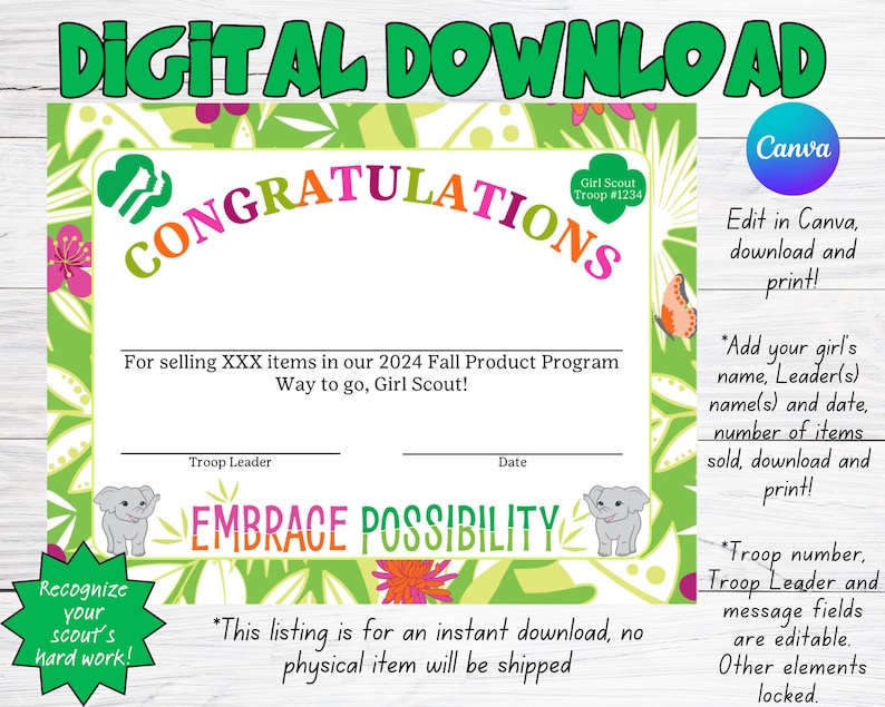 Girl Scout Fall Product Program Sales Certificate - Etsy