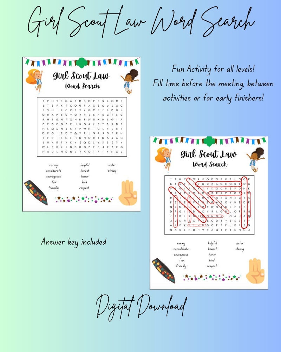 Girl Scout Law Word Search Printable PDF - Etsy