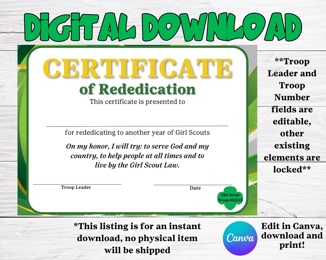 Girl Scout Certificate of Rededication - Etsy