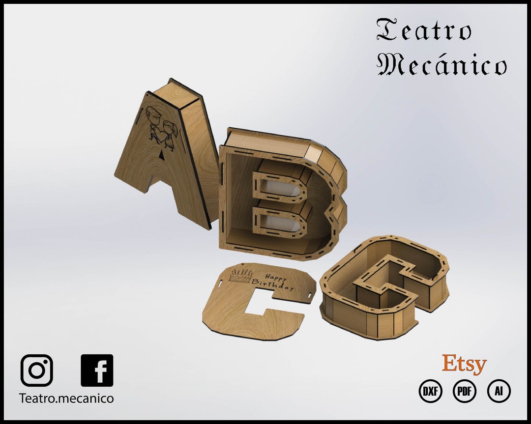 GIFT BOX 3D Alphabet 20 centimeters for laser cut cnc files DXF Vector ...