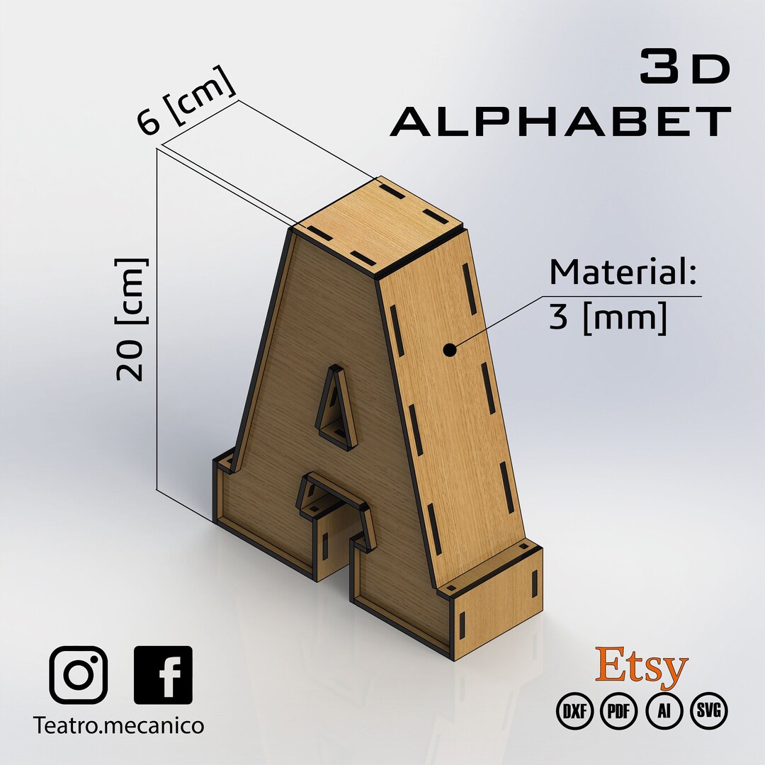 3D Alphabet 20 [cm] - for Laser Cut - Cnc Files Vector - Digital File ...