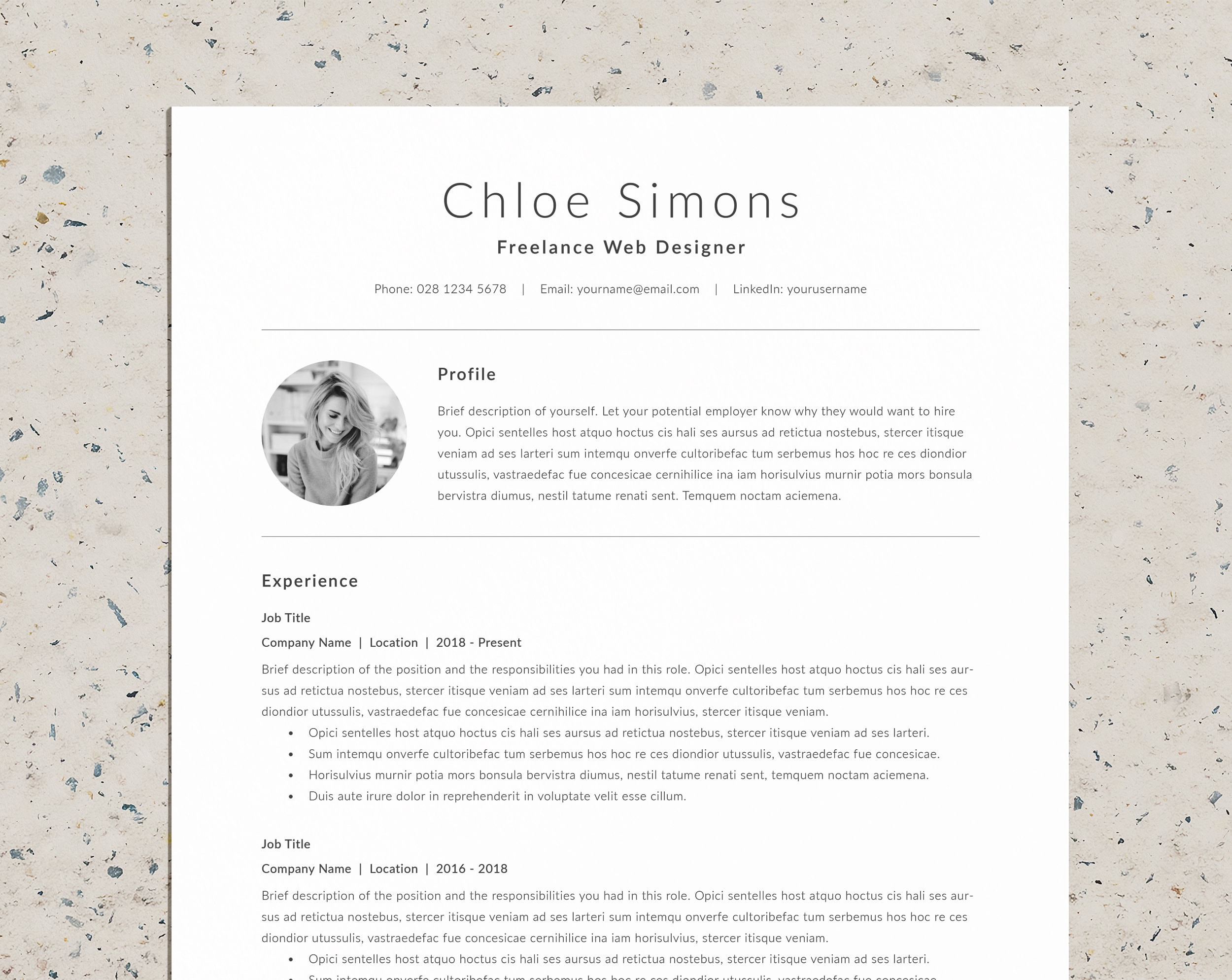 1 Page Resume Template | Professional Resume | 1 Page CV Template ...