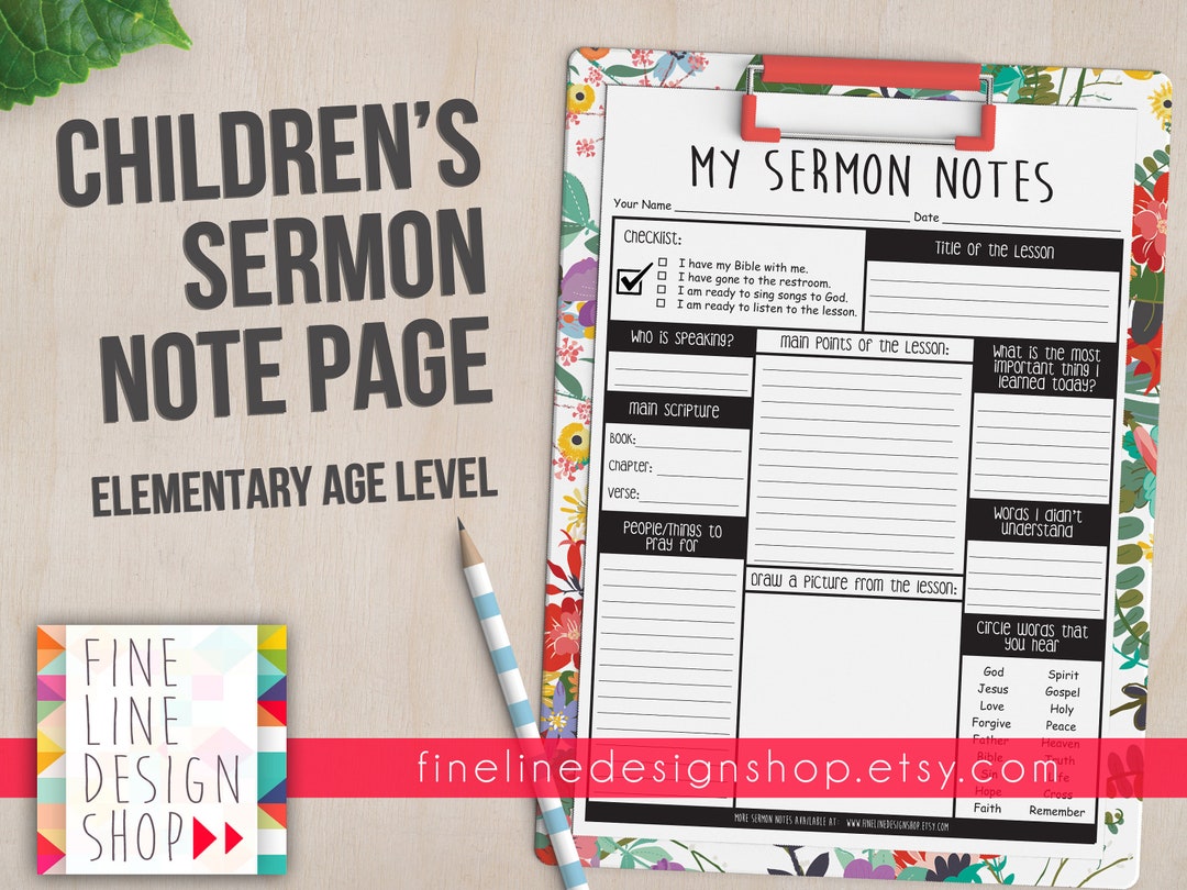 Sermon Notes for Kids. Elementary Age. PDF Printable. Instant Download ...