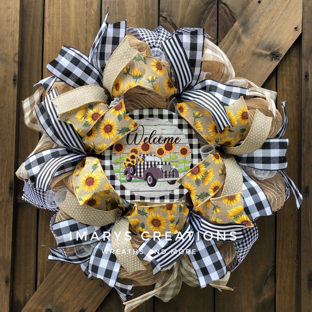 Sunflower Buffalo Check Wreath, Rustic Truck Decor, Farmhouse Wreath ...