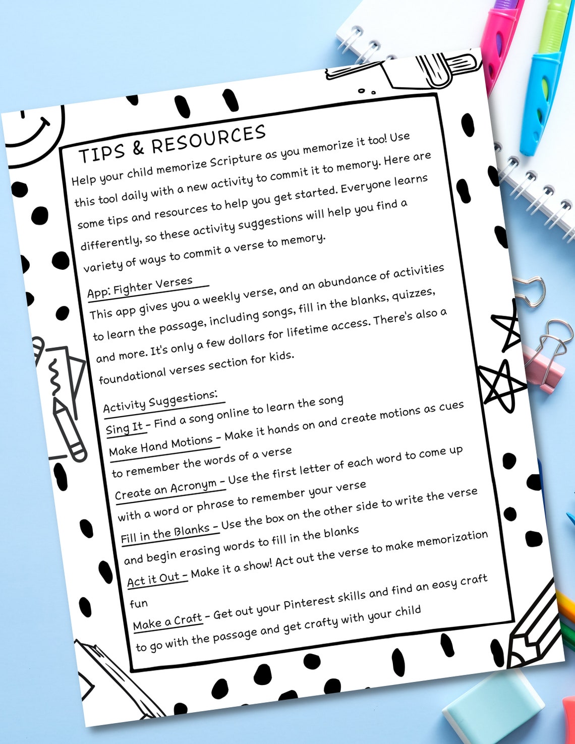 Printable Bible Verse Activity Sheet for Kids: Scripture Memory, Parent ...