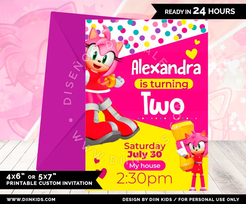 Amy Rose Invitation, Amy Rose Birthday Party Invitation, Sonic Digital ...