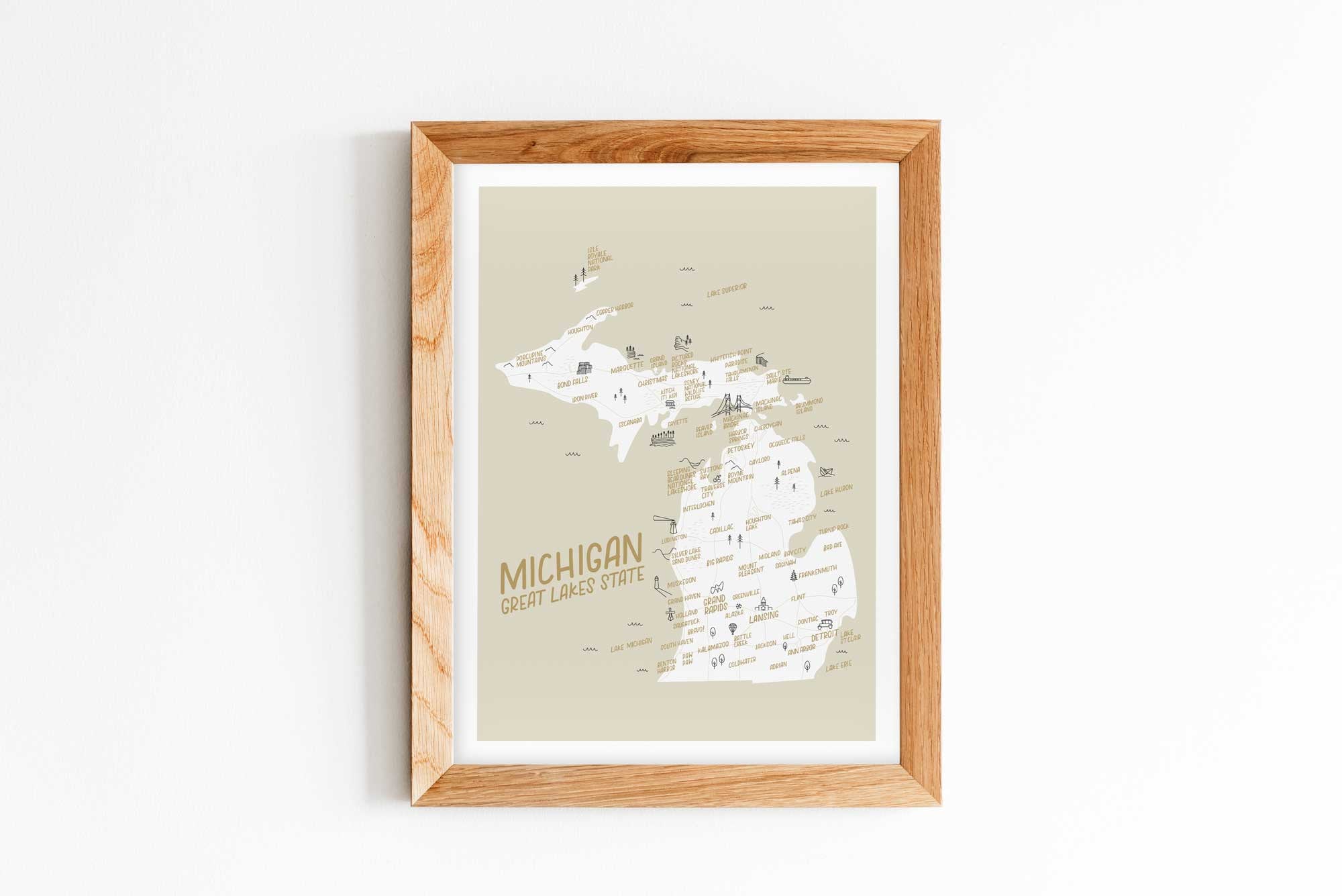Michigan Map Illustrated Art Print 9x12 - Etsy