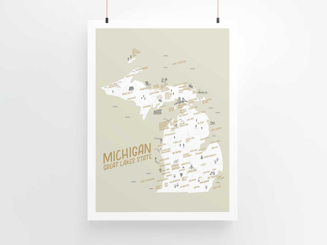 Michigan Map Illustrated Art Print, 9x12 Print, Office Wall Decor ...