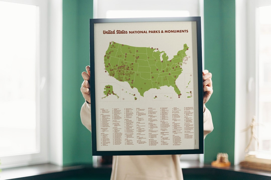US National Parks & Monuments Checklist Poster, Travel Map Art (16x20 ...