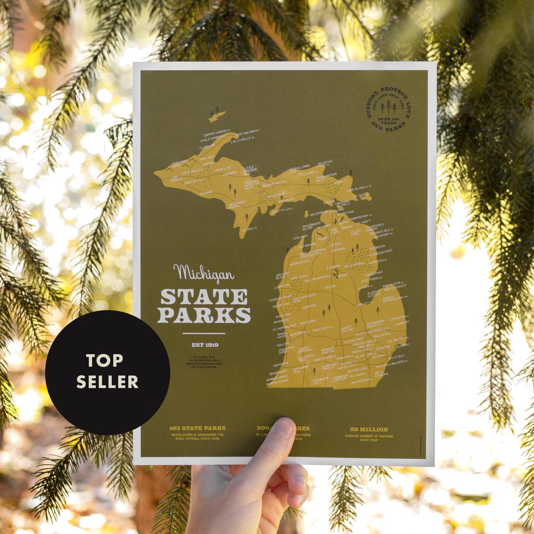 Michigan State Parks Map Art Print, 9x12 Print, Vintage Map Art, Map ...