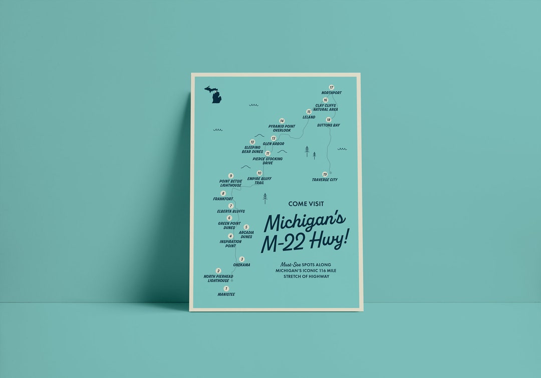 Michigan’s M22 Highway Postcard Map, 5x7 Print, Minimalist Map Art ...