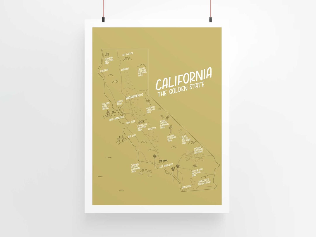 California Map Illustrated Art Print, 9x12 Print, Map Wall Art ...