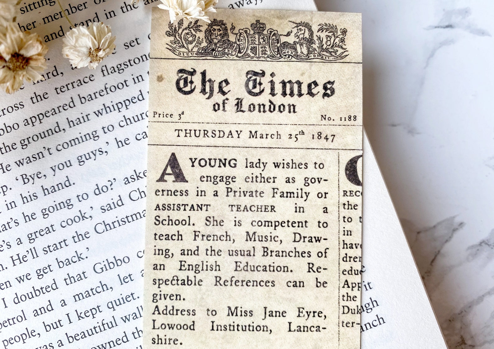 Jane Eyre Bookmark – Governess Advertisement – 1800s Ephemera – Vintage ...