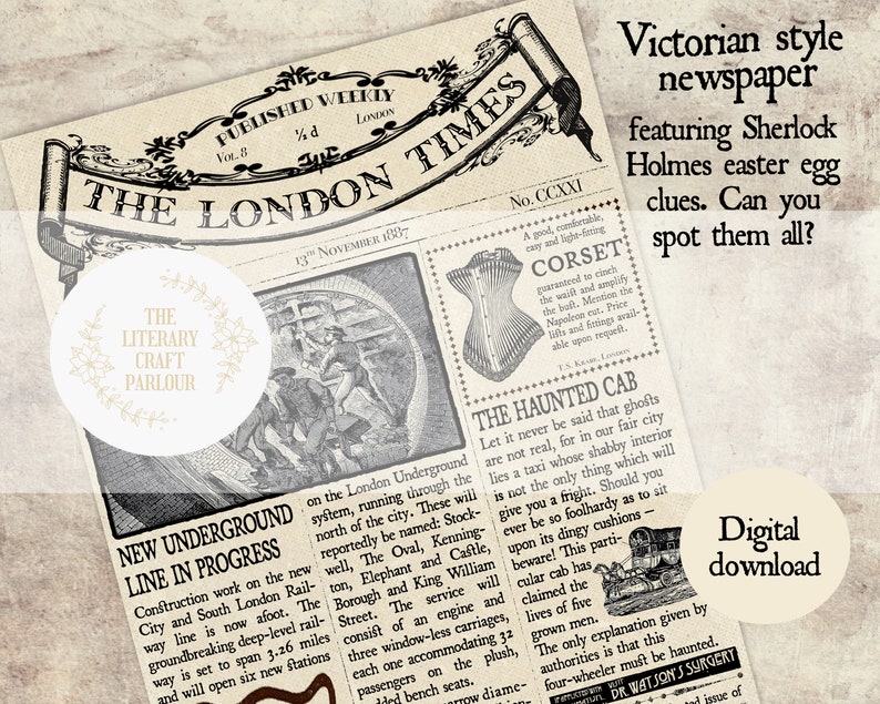 Victorian Style Sherlock Holmes Newspaper, Vintage Style, Junk Journal ...