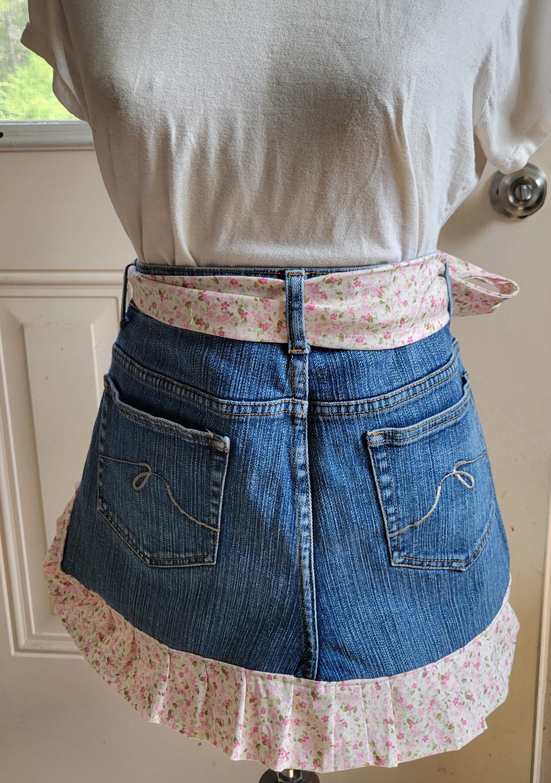 Upcycled Denim Apron With Flower Trim - Etsy