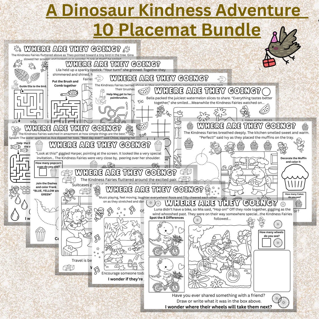 Dinosaur Activity Placemats for Kids, Bundle of 10, Kindness Adventure ...