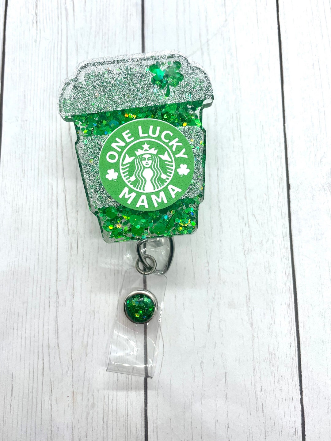 One Lucky Mama Badge Reel, St Patrick’s Day Badge Reel, Glitter Badge ...