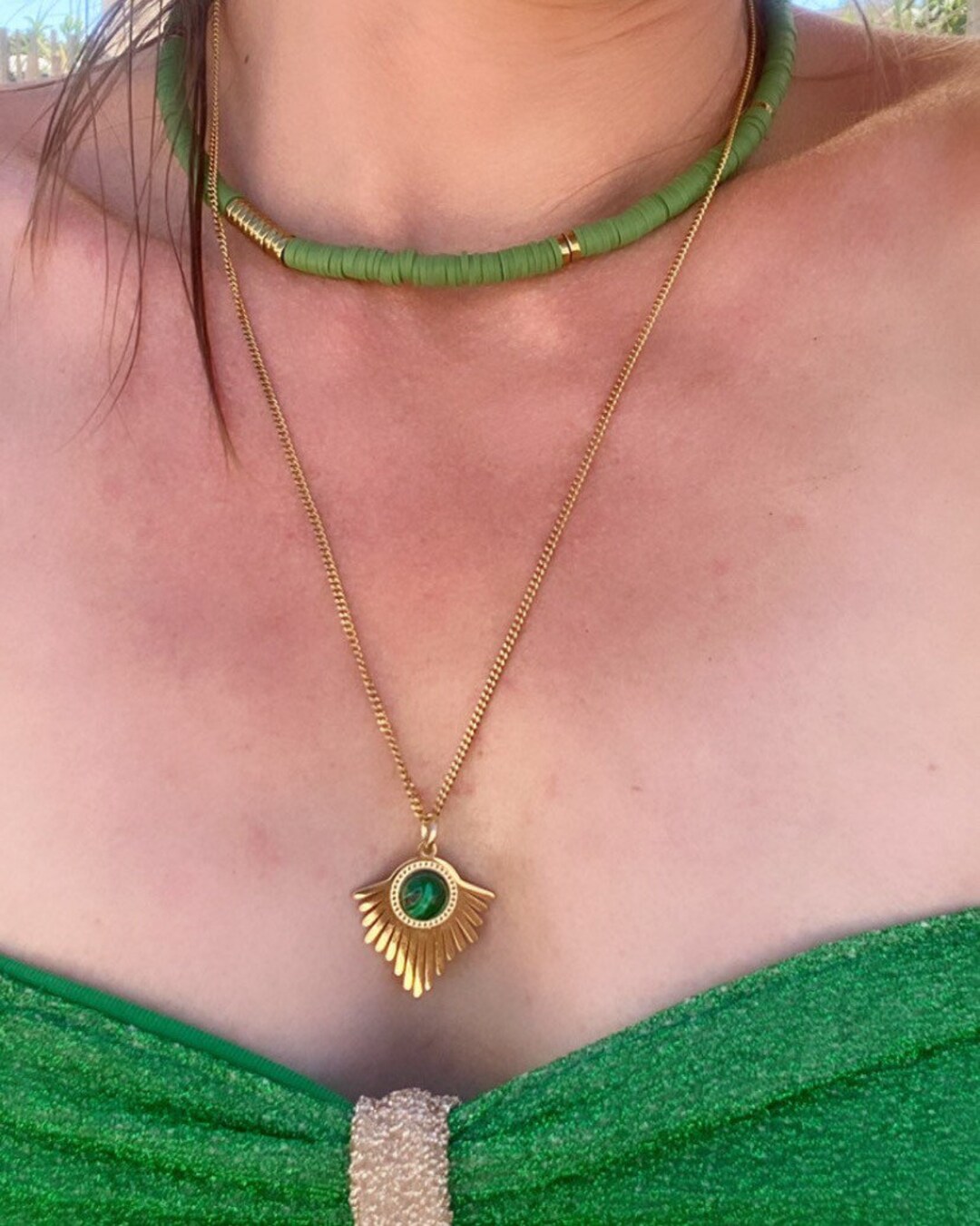Gold Stainless Steel Chain With Green Graphic Pendant - Etsy