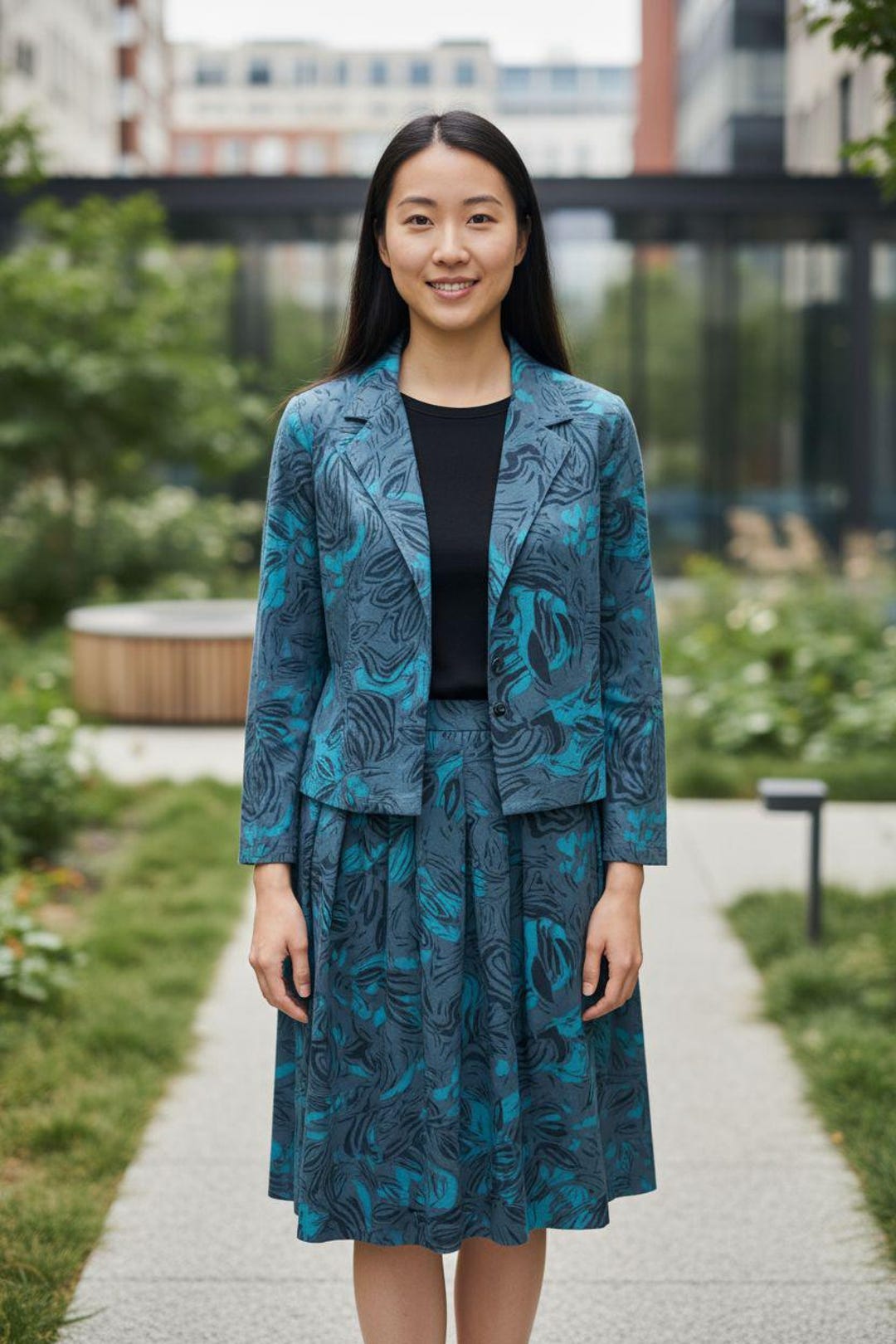 Vintage Daks 1980s Skirt and Jacket Suit Green & Grey Leaf Patterned ...