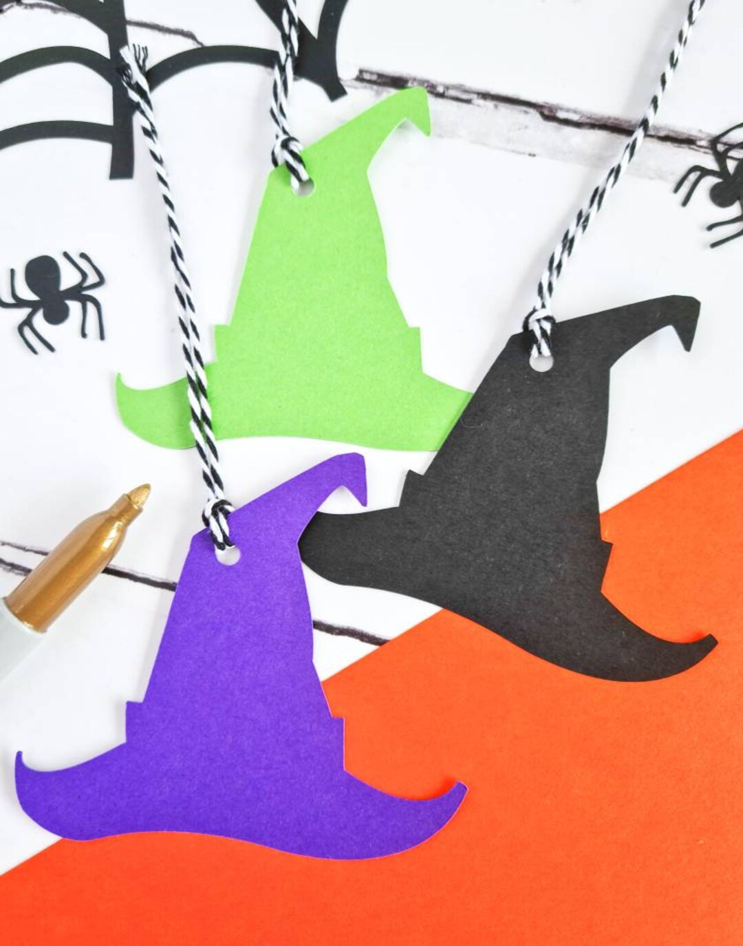 Halloween Witch Hat Gift Tags Blank X 6. Set of Black, Purple & Green ...
