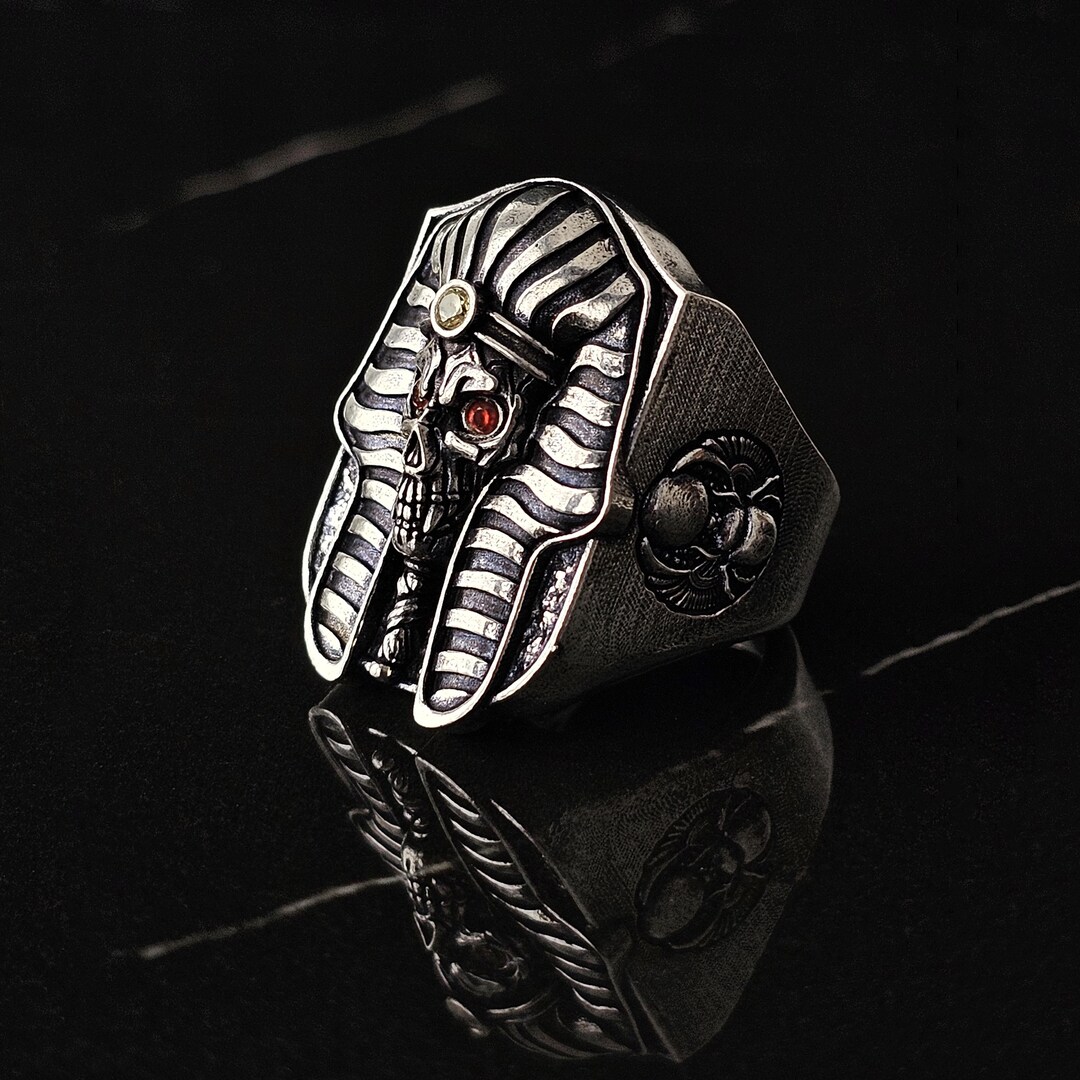 Oxidized Sterling Silver Pharaoh Skull Ring: Egyptian Scarab, Gemstone ...