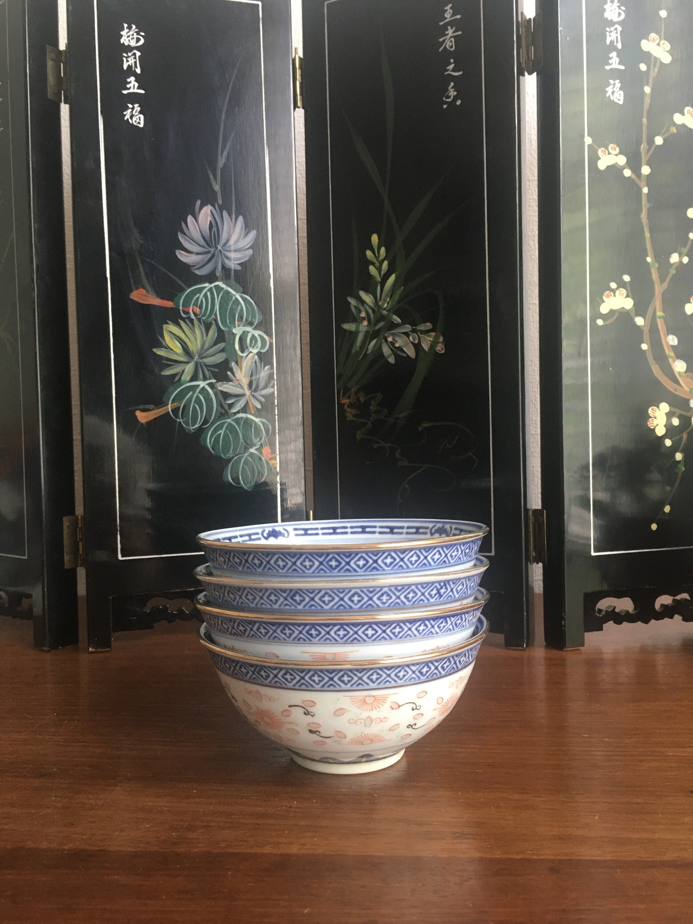 Vintage Chinese Ceramic Rice Pattern Bowls in Blue and White - Etsy