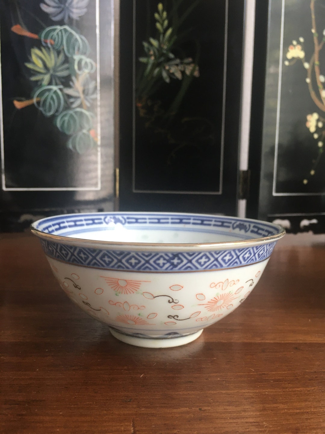 Vintage Chinese Ceramic Rice Pattern Bowl in Blue and White - Etsy