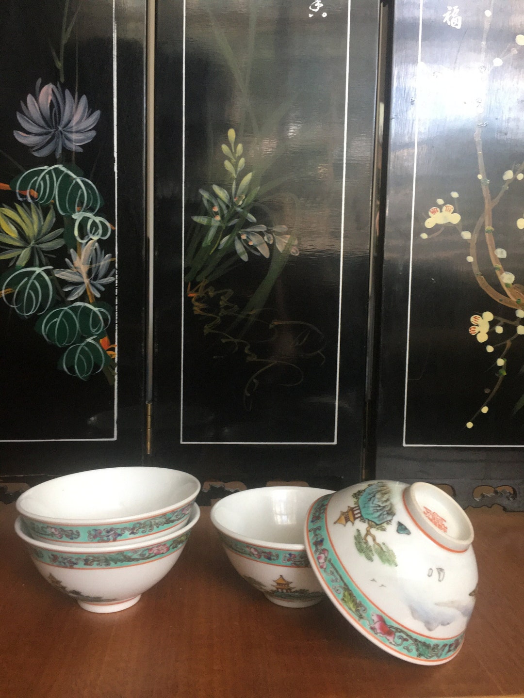 Vintage Chinese Landscape Temple Tea Cups Bowls Hand Painted Set of 4 ...