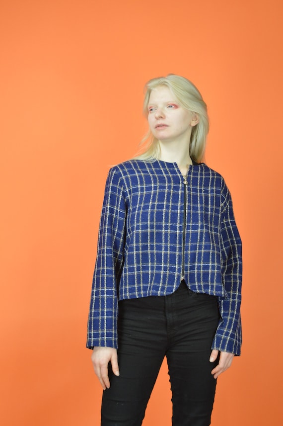Vintage blue classic 80's checkered blazer jacket {W7… - Gem