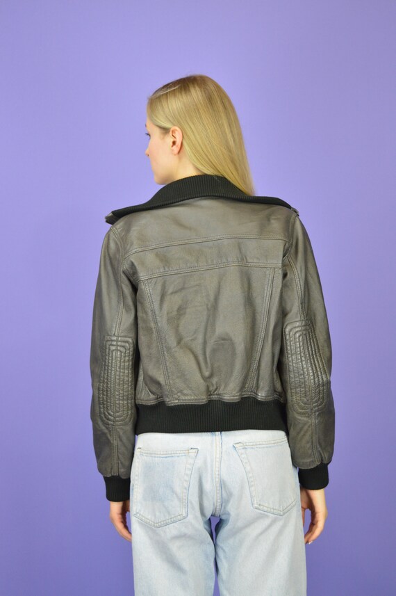 Vintage Dark Grey Classic Leather Bomber Jacket - Tim… - Gem