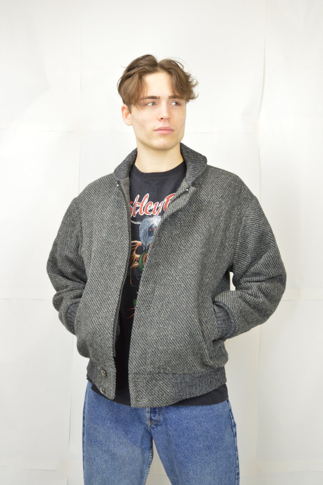 Vintage Grey Wool Classic 80's Bomber Jacket J288 - Etsy