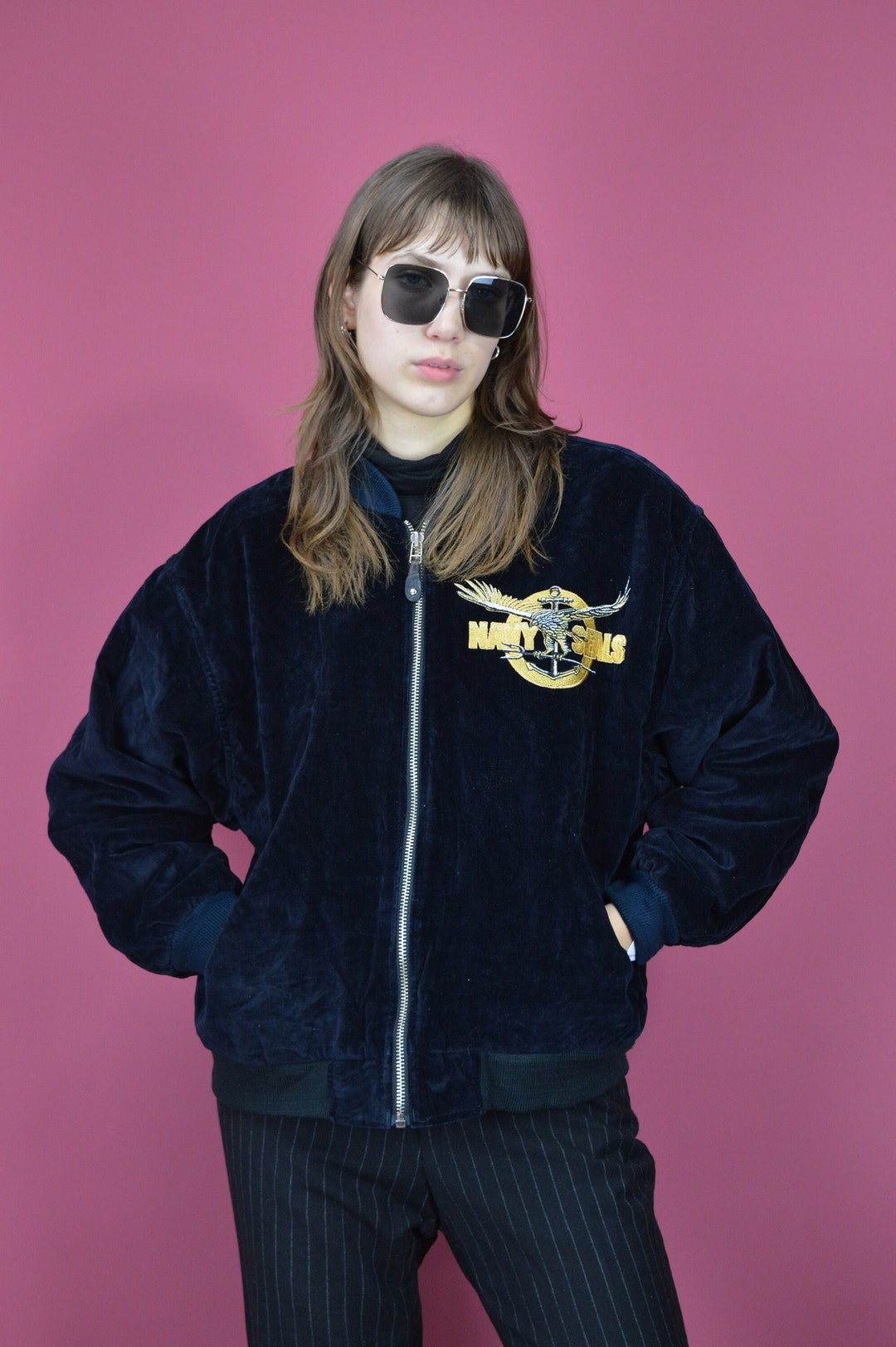Vintage Dark Blue Classic 80's Velvet Biker Bomber Jacket W121 - Etsy