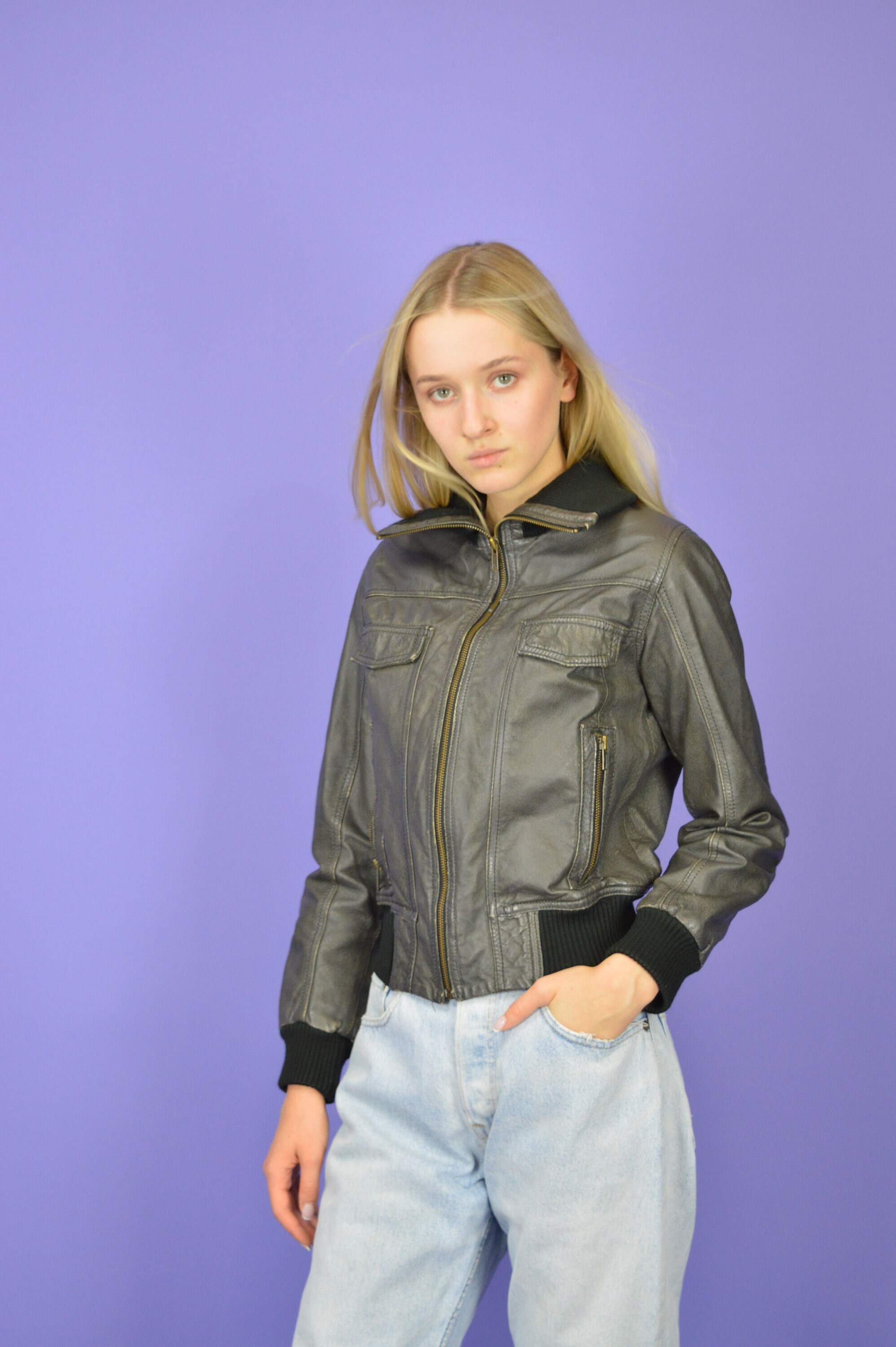 Vintage Dark Grey Classic Leather Bomber Jacket W557 - Etsy