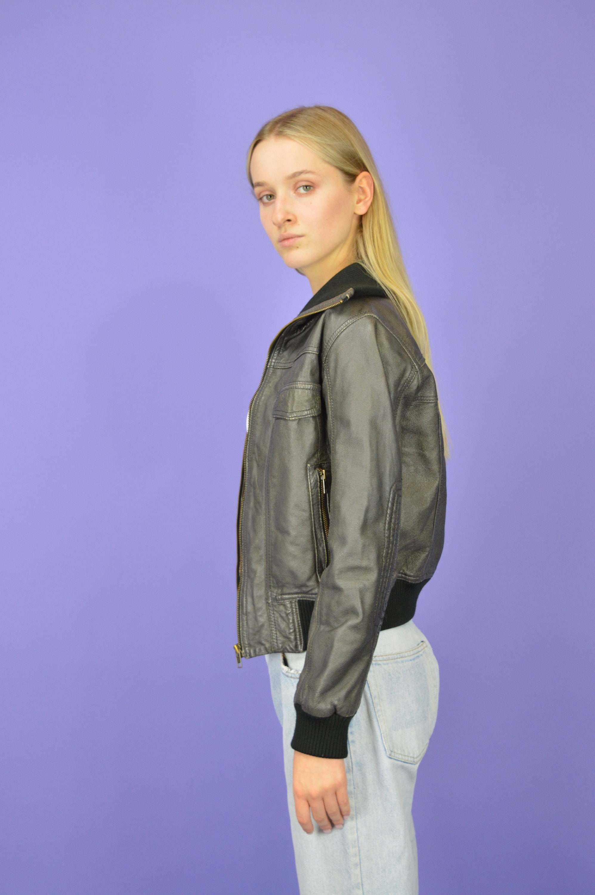 Vintage Dark Grey Classic Leather Bomber Jacket W557 - Etsy
