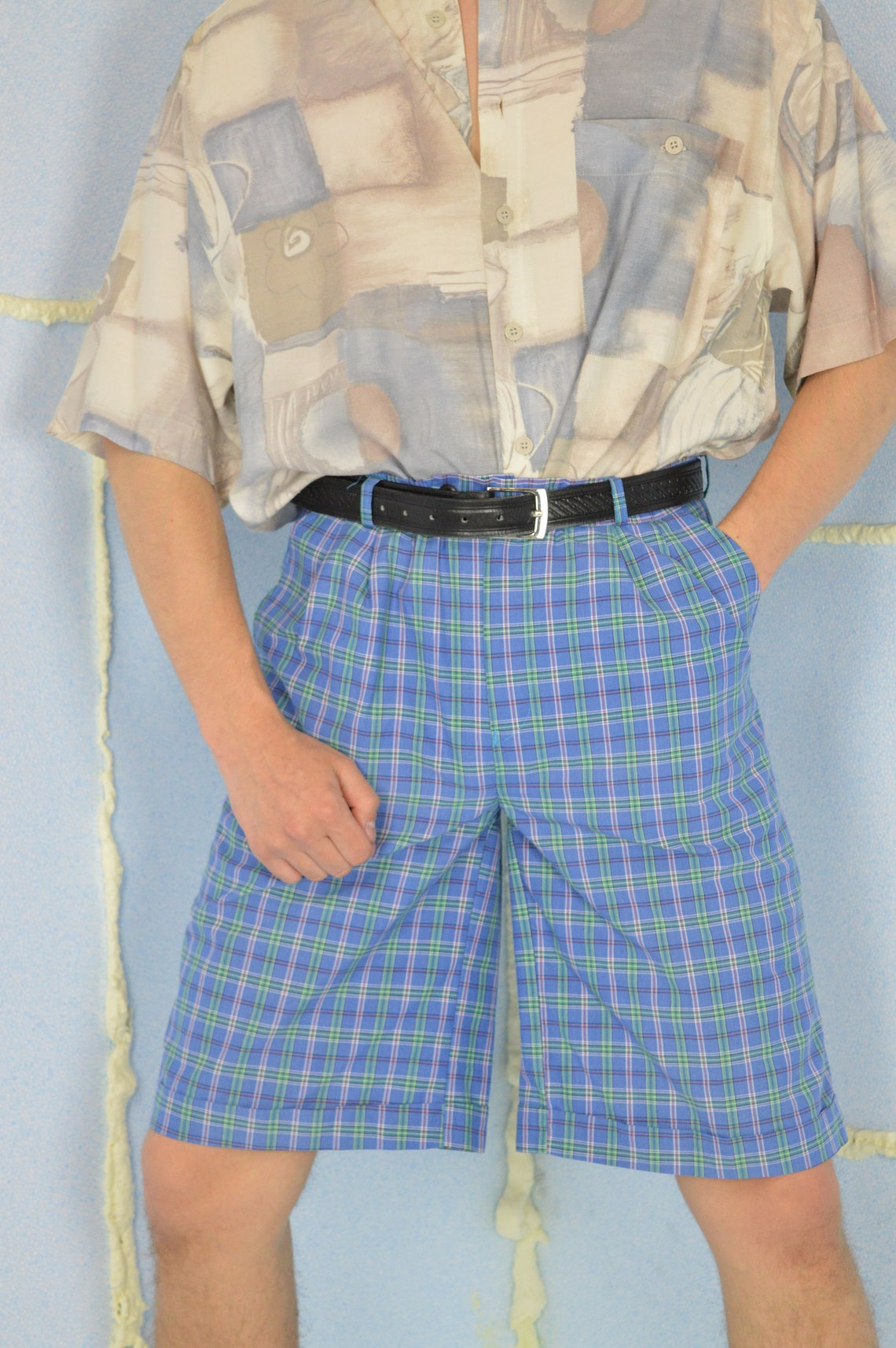 Vintage blue checkered classic cotton shorts S231 | Etsy