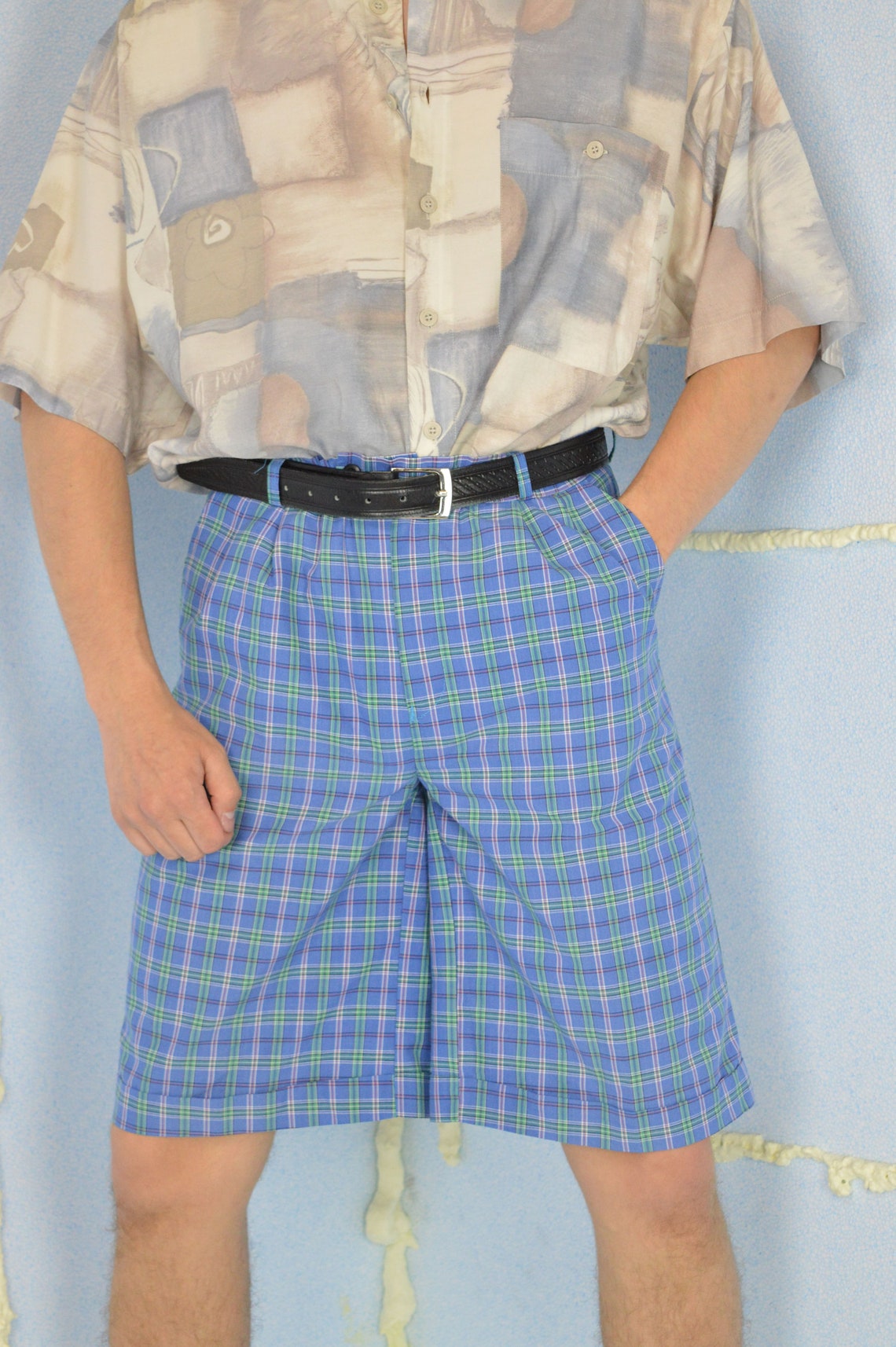 Vintage blue checkered classic cotton shorts S231 | Etsy